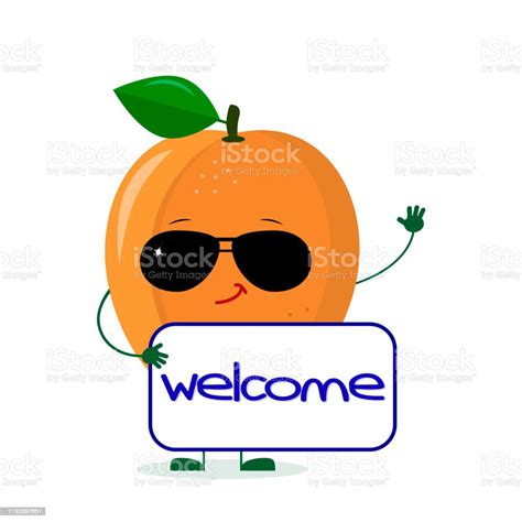 선글라스에 잘 익은 살구 캐릭터는 간판 환영을 유지 합니다 로고 템플릿 디자인입니다 벡터 일러스트 레이 션 플랫 스타일 가격표에