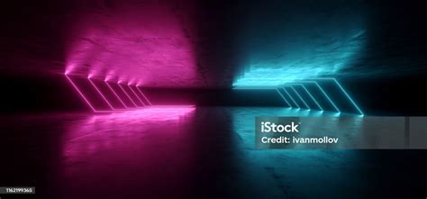 미래 네온 조명 레이저 보라색 파란색 빛나는 현대 복고풍 공상 과학 소설 우아한 우주선 클럽 밤 어두운 차고 지하 그런지 콘크리트 반사 추상 빔 3d 렌더링 0명에 대한