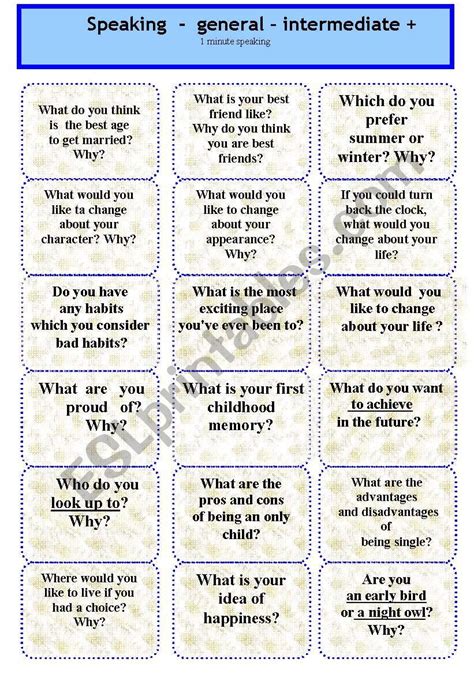 Speaking Cards 3 General Questions English Esl Worksheets For