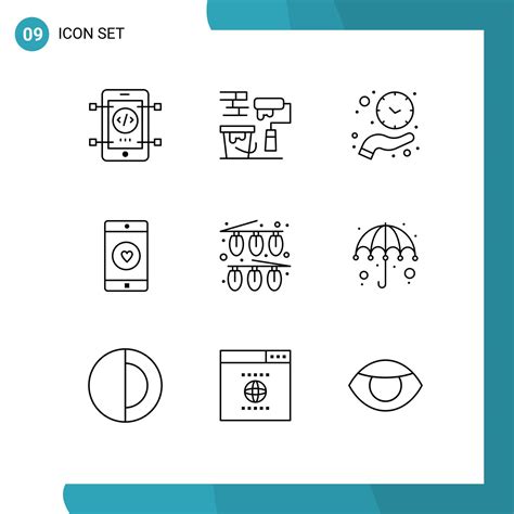 Pictogram Set Of 9 Simple Outlines Of Heart Mobile Application Clock Mobile Save Time Editable