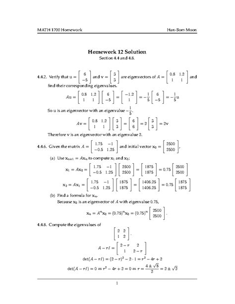 Homework 12 Sol Homework 12 Solution Section 4 And 4 4 4 Verify Thatu [ 6 − 5 ] Andv [ 3 3
