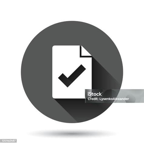 평면 스타일로 체크리스트 아이콘을 문서화합니다 긴 그림자 효과로 검정 둥근 배경에 벡터 그림을 보고합니다 용지 시트 서클 버튼