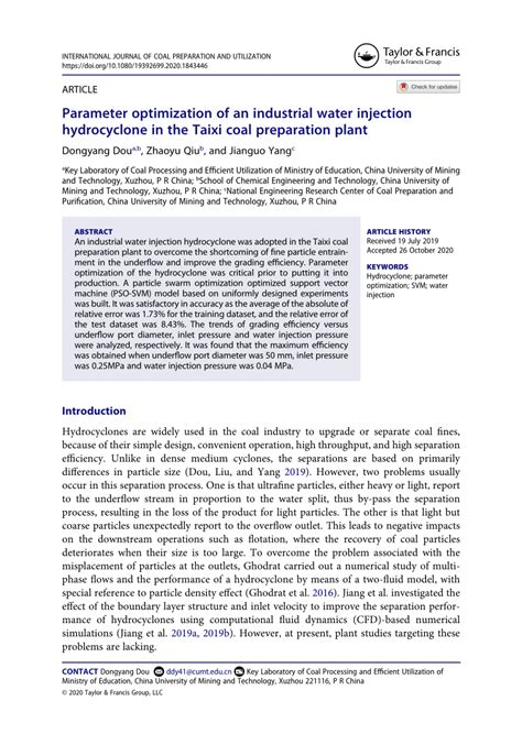 Pdf Parameter Optimization Of An Industrial Water Injection Hydrocyclone In The Taixi Coal