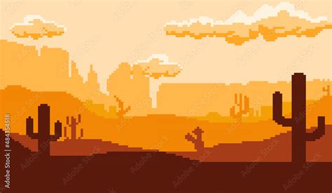 Vector Graphic Illustration Of Pixel Art Desert Atmosphere In The Afternoon When The Sun Is