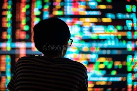 Person Analyzing Colorful Data On Large Screen In Dark Room Stock