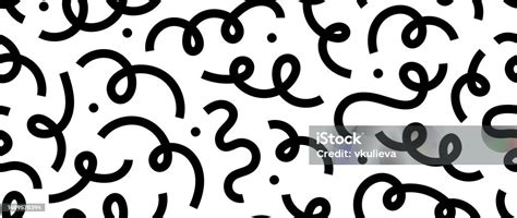 추상적인 낙서 선은 매끄러운 패턴입니다 흑백 색종이와 구불구불한 깃발이 반복되는 배경 귀여운 유치한 낙서 모양과 곡선 줄무늬 벽지 벡터 배경 낙서 드로잉에 대한 스톡 벡터