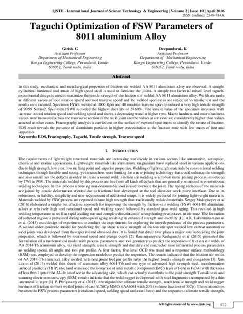 pdf taguchi optimization of fsw parameters of 8011 aluminium alloy