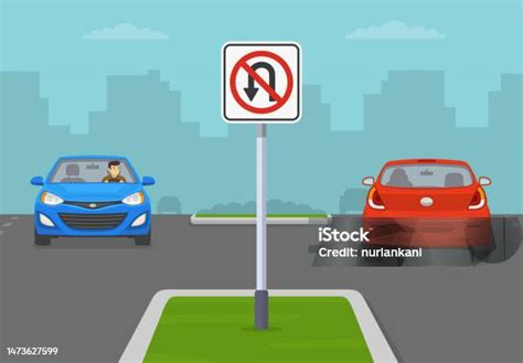 유턴 금지 교통 표지판이 있는 분할된 차선 도로 고속도로 고속도로 고속도로의 교통 규칙 거리에 대한 스톡 벡터 아트 및 기타