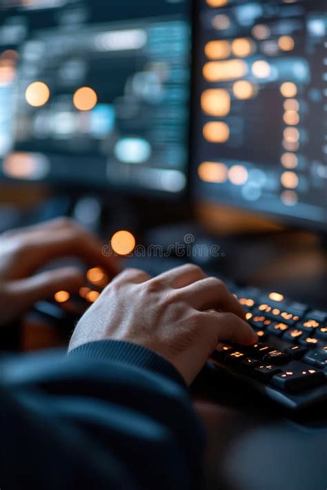 In A Dimly Lit Control Room A Professional Attentively Monitors