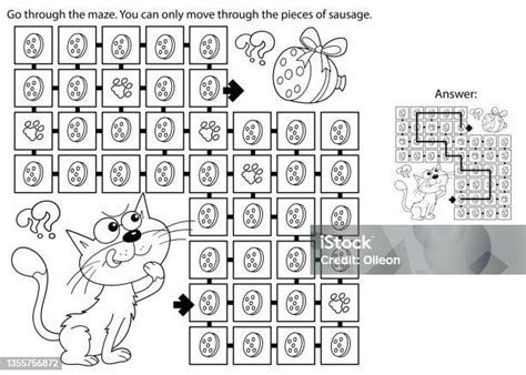 เขาวงกตหรือเกมเขาวงกต ปริศนา โครงร่างหน้าระบายสีของแมวการ์ตูนกับไส้กรอก สมุดระบายสีสําห