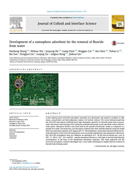 Development Of A Nanosphere Adsorbent For The Removal Of Fluoride From Water Pdf