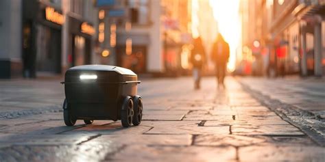 Navigating A Crowded City Sidewalk At Dusk Delivery Robot Concept City Life Technology Urban
