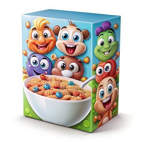 Classic Cereal Box With Hand Drawn Cartoon Mascots Stock Illustration