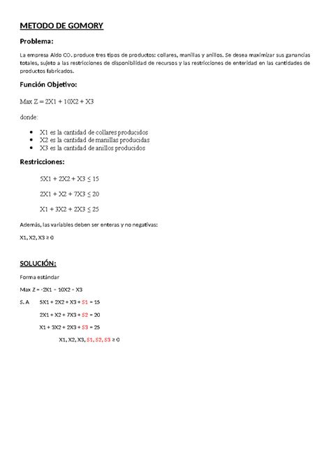 Metodo De Gomory Metodo De Gomory Problema La Empresa Aldo Co Produce Tres Tipos De