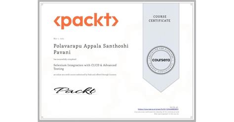 Completion Certificate For Selenium Integration With Cicd And Advanced P A S Pavani