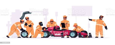 레이싱 크루 경주용 자동차에서 일하는 유니폼을 입은 만화 구덩이 정류장 팀 볼라이드의 바퀴를 바꾸는 정비사 노동자들 유지 보수 기술자 및 엔지니어 자동차 수리 벡터