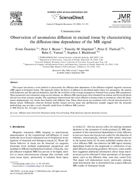 Pdf Observation Of Anomalous Diffusion In Excised Tissue By Characterizing The Diffusion Time