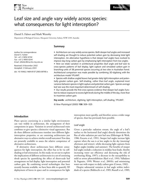 Pdf Leaf Size And Angle Vary Widely Across Species What Consequences For Light Interception