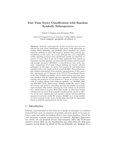 Pdf Fast Time Series Classification With Random Symbolic Subsequences