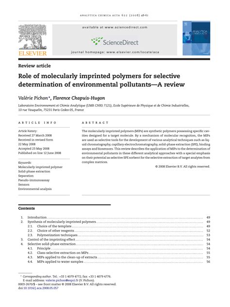 Pdf Role Of Molecularly Imprinted Polymers For Selective Determination Of Environmental