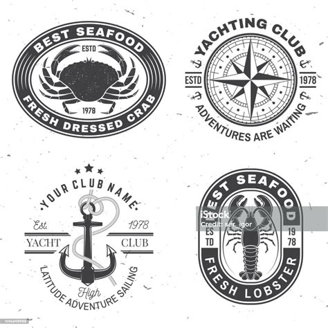 최고의 해산물 및 요트 클럽 배지 신선한 랍스터 옷을 입은 게 벡터 그림입니다 해산물 엠블럼 간판 패치 셔츠 메뉴 레스토랑 수산 시장 상점 갈고리 발톱에 대한 스톡 벡터