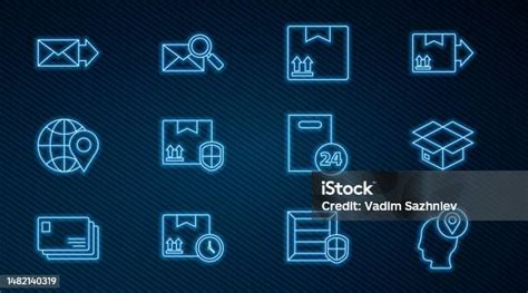 골판지 상자 판지 골판지 교통 기호 팩 보안 방패 지구본 위치 봉투 및 돋보기 아이콘으로 라인 배달원을 설정합니다 벡터 24에 대한 스톡 벡터 아트 및 기타 이미지 Istock