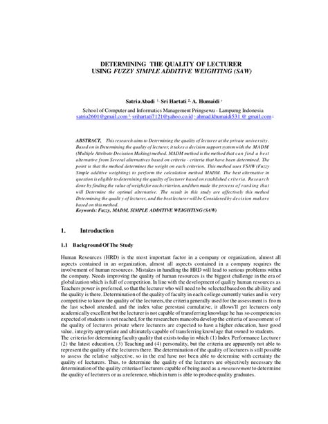 Pdf Determining The Quality Of Lecturer Using Fuzzy Simple Additive