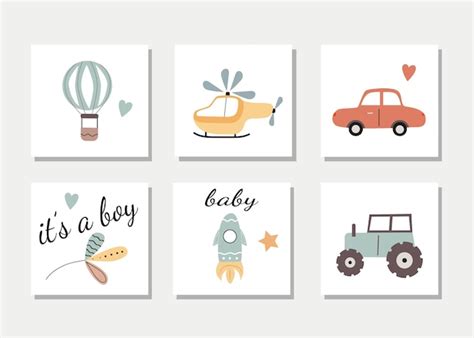 아이들을 위한 손으로 그린 교통 수단 새로 태어난 아기 소년 포스터 컬렉션입니다 벡터 일러스트 레이 션 프리미엄 벡터
