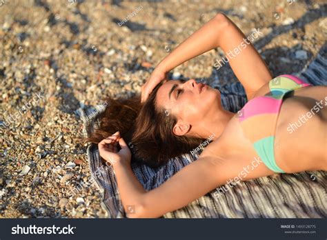 Portrait Sunbathing Girl Bikini Beach Foto De Stock 1493128775