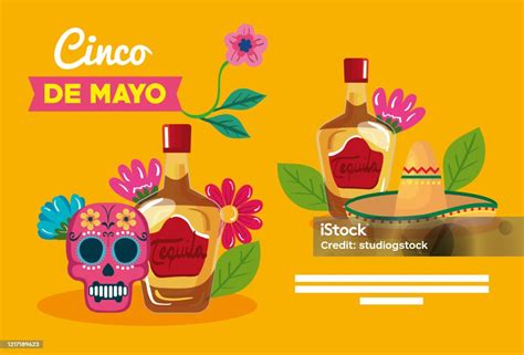 멕시코 데킬라 병 두개골과 Cinco 드 마요네즈 벡터 디자인의 모자 0명에 대한 스톡 벡터 아트 및 기타 이미지 0명 5 5월 Istock