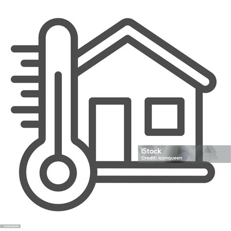 온도계 코티지 건물 라인 아이콘 기후 변화 개념 벡터 그래픽입니다 집 집 온도 흰색 배경에 난방 기호 모바일 또는 웹 디자인에 대한 개요 스타일 아이콘 0명에 대한 스톡