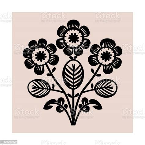 꽃과 나뭇잎이 있는 대칭 장식 스칸디나비아 민속 예술 포스터 꽃무늬 실루엣 구성 민족 식물 벡터 그림입니다 0명에 대한 스톡 벡터 아트 및 기타 이미지 Istock