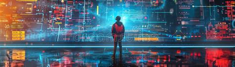 Man Standing In Front Of Futuristic Digital Interface Representing Technology Innovation And