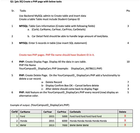solved q1 [pts 35] create a php page with below tasks sr