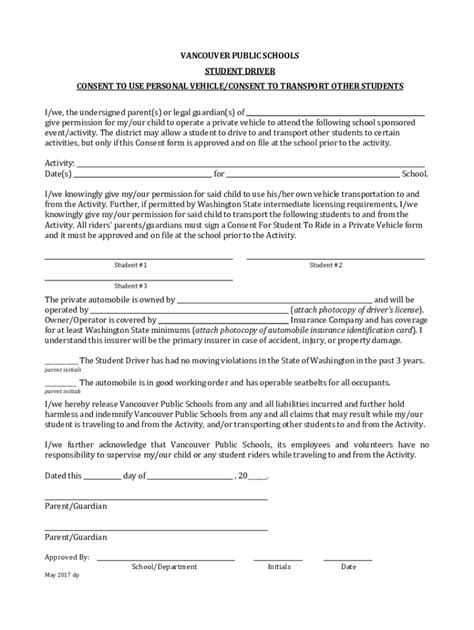 Fillable Online Consent To Use Personal Vehicleconsent To Transport