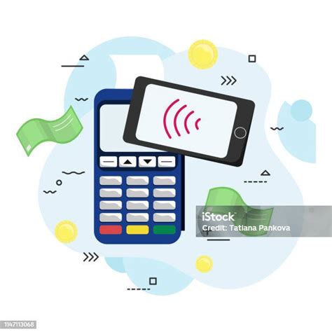 지불 터미널의 평면 그림입니다 벡터 Pos 단말기는 스마트 폰으로 지불을 확인 합니다 Pos 터미널 개념에 대한 스톡 벡터 아트 및 기타 이미지 Istock