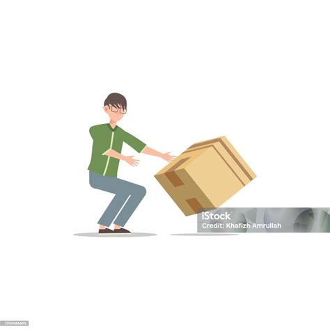 떨어지는 상자를 저장하려고 젊은 남자 택배 배달의 만화 캐릭터 그림 흰색에 격리 된 플랫 디자인 개념에 대한 스톡 벡터 아트 및 기타 이미지 Istock