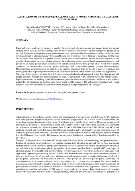 Pdf Calculation Of Dispersed Generation Share In Power And Energy Balance Of Power System