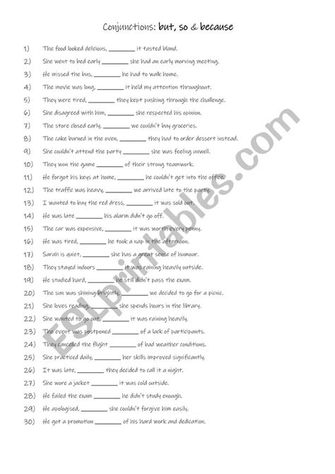a1 a2 conjunctions practise using but so and because esl worksheet by