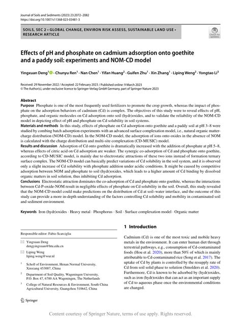 Effects of pH and phosphate on cadmium adsorption onto goethite and a paddy soil: experiments ...
