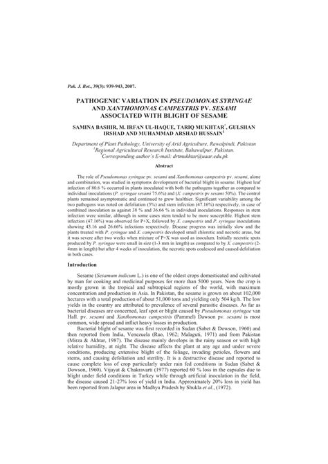 Pdf Pathogenic Variation In Pseudomonas Syringae And Xanthomonas Campestris Pv Sesami