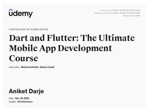 Completion Certificate For Dart And Flutter On Udemy Aniket Darje