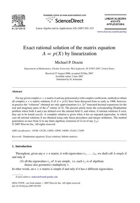 Pdf Exact Rational Solution Of The Matrix Equation By Linearization