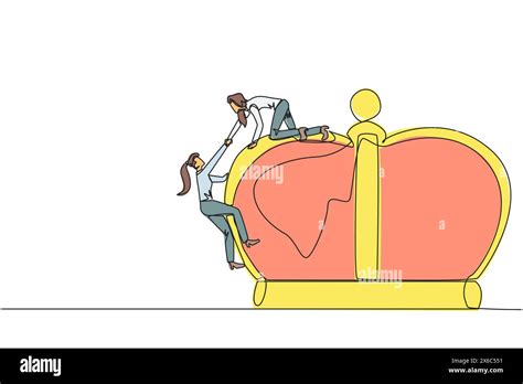 Single Continuous Line Drawing Businesswoman Helps Partner Climb The