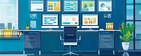 Modern Office With Multiple Monitors Displaying Data Charts And Graphs Indicating A Hightech