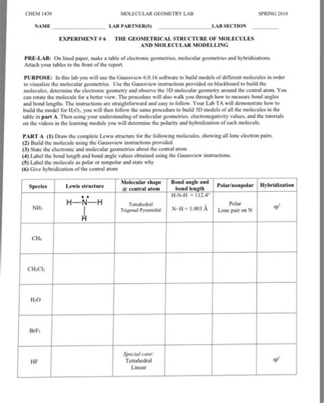 Solved Chem 1430 Molecular Geometry Lab Spring 2018 Name Lab