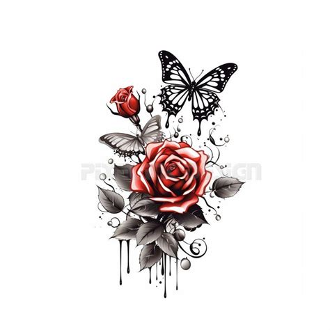Red Roses With Butterflies Tattoo White Background Detailed High