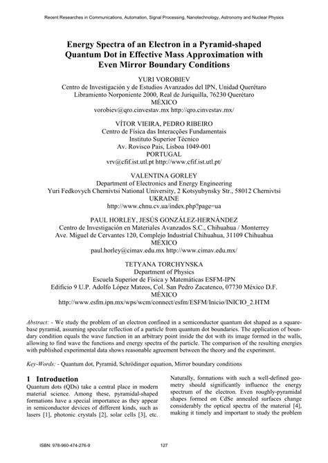 Pdf Energy Spectra Of An Electron In A Pyramid Shaped Quantum Dot In Effective Mass