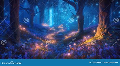 Moonlit Night Scene In Magical Forest With Glowing Fireflies Over