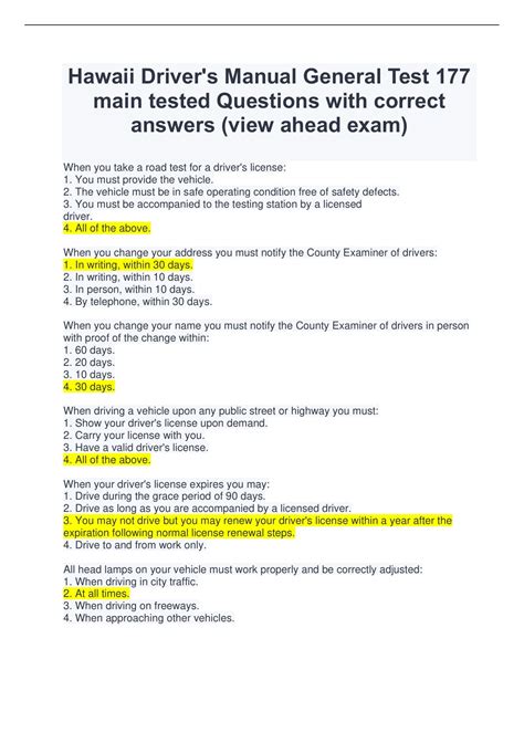 Hawaii Drivers Manual General Test 177 Main Tested Questions With Correct Answers View Ahead